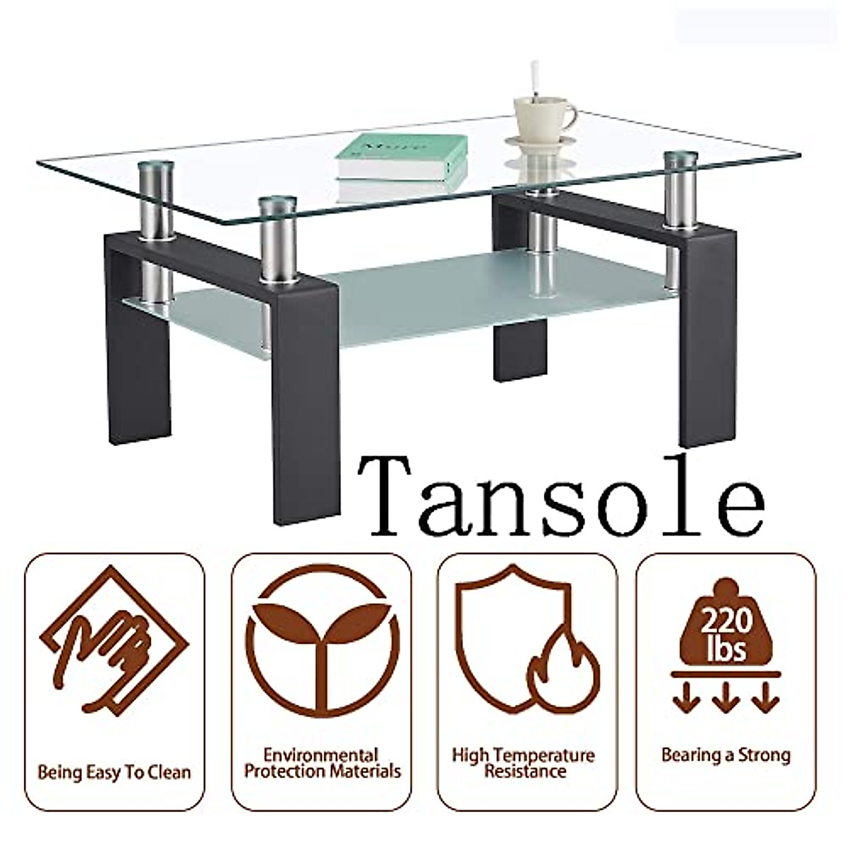 Rectangle Glass Coffee Table Metal Tube Legs End Table for Livingroom Tansole Black 39.4x23.7x17.7