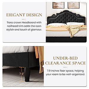 SHA CERLIN Queen Bed Frame with Adjustable Headboard/Velvet Upholstered/Diamond Button Tufted and Metal Studs/No Box Spring Needed/Wood Slat Support/Easy Assembly/Black