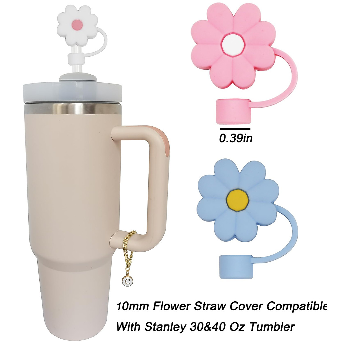 Altally 3PCS Straw Cover for Stanley Cup 30&40 Oz 10mm Flower Silicone Straw Topper Protector Lid with 2PCS Initial Personalized Letter Charm Stanley Tumblers Accessories (3pcs flowers+2pcs letter A)