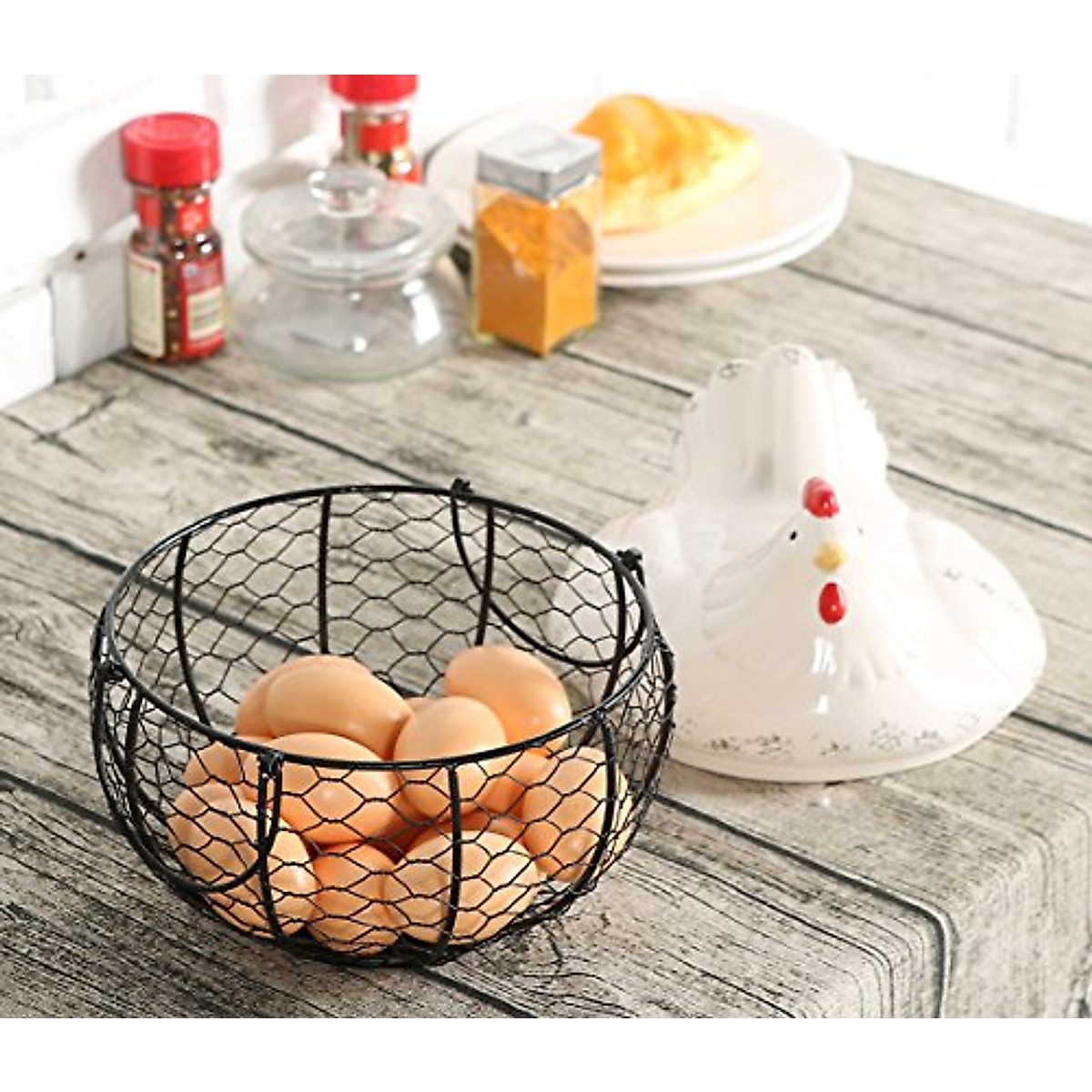 MyGift Black Metal Mesh Wire Egg Storage Basket with White Ceramic Farm Chicken Top Lid and Handles - Holds 30 Eggs