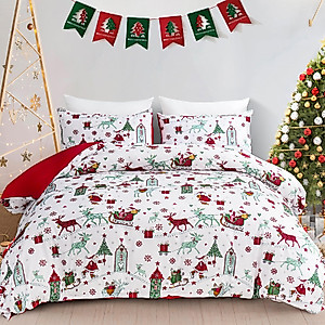 WONGS BEDDING Christmas Duvet Cover Set King Santa Elk Christmas Tree Pattern Xmas Duvet Cover for Boys Girls,Soft Microfiber Bed Comforter Cover for New Year 104"×90"