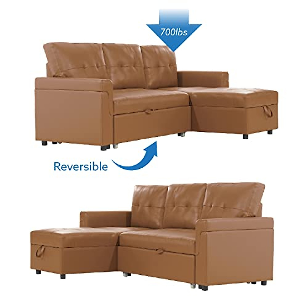 Perry Modern Sectional Sleeper Sofa with Pull Out Bed, Reversible Sleeper Sectional Sofa Bed, Best Sleeper Sofa Couch with 168L Storage, L-Shape Pull Out Couch Bed Sleeper Sofa - Caramel,Air Leather