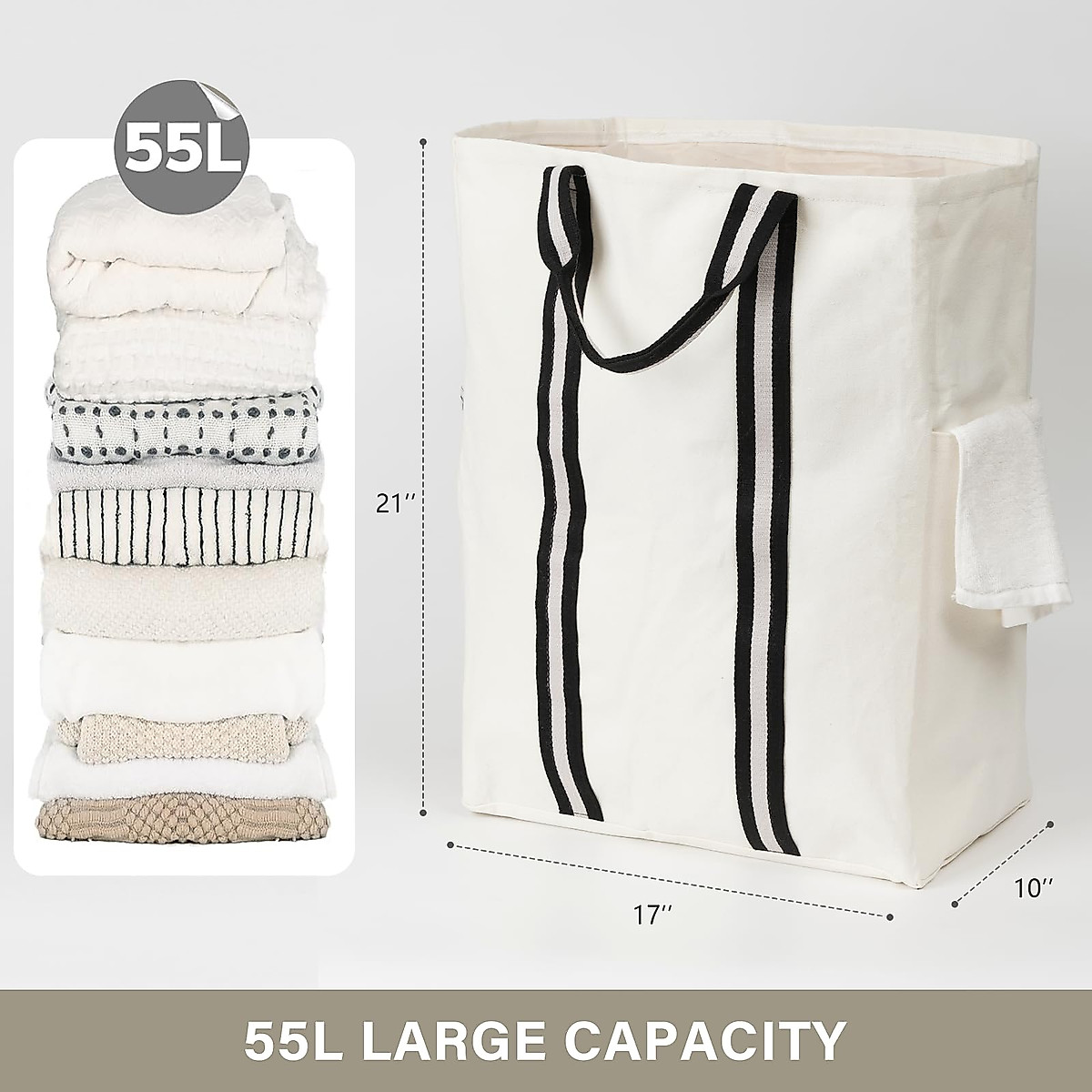 Laundry Basket, Foldable Dirty Clothes Hamper, Thick Canvas Laundry Bag with Handles/Drawstring/Side-Pockets, Tall Laundry Baskets Hampers for Bedroom, Dorm, Travel, 55L (Beige)