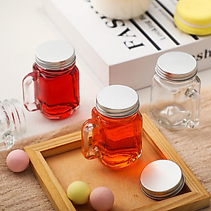 Mifoci 100 Pieces 1 oz Mini Mason Jar Drinking Glasses with Lids Mason Jar Cups Mason Jar Mugs with Handles Mason Jar Shot Glasses Set for Home Picnic Party