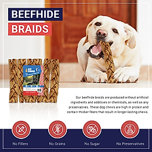 American Made Treat Co - Dog Treats, Beefhide Braids - Peanut Butter Flavor Rawhide Chews for Dental Health & Protein - 7-8" - 6 Pack