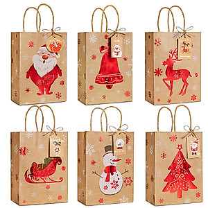 12PCS Christmas Kraft Gift Bags Treat Bags, Small Christmas Bags with Christmas Presents Tags, Christmas Paper Bags Goodie Bags with Handle, Xmas Holiday Gift Bags for New Year Classroom Party Favors