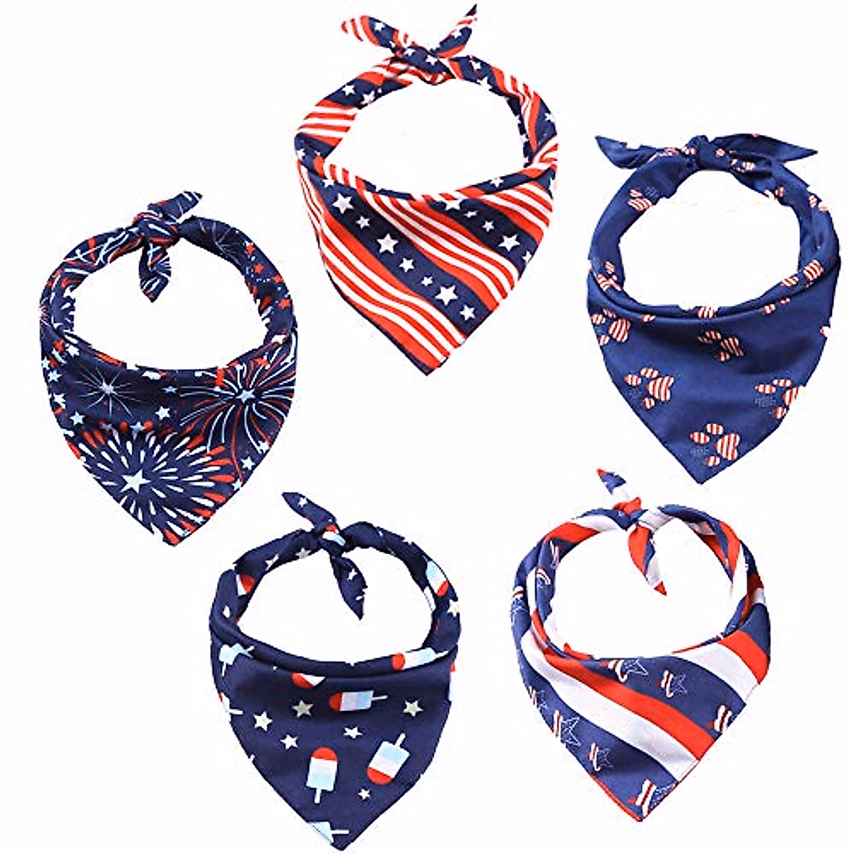 Yunison 5 Packs 4th of July Dog Bandanas Reversible Scarfts American Flag Independence Day Fireworks Pet Scarfs, Cat Bandanas for Small Medium Large Pets