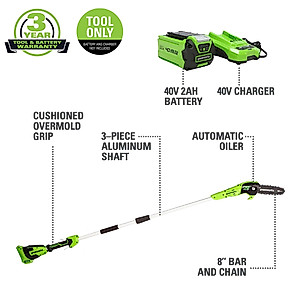 Greenworks 40V 8 inch Cordless Pole Saw Battery and Charger Not Included, PS40B00