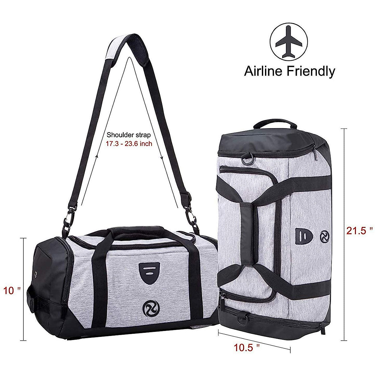 Gym Duffle Bag Backpack Waterproof Sports Duffel Bags Travel Weekender Bag for Men Women Overnight Bag with Shoes Compartment Grey