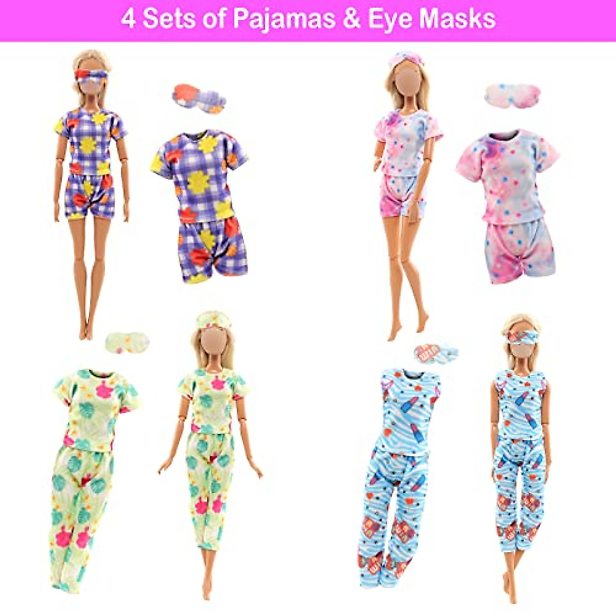 BARWA 4 Sets Doll Pajamas Party Clothes Sleepwear Casual Bedtime Suit with Eye Masks for 11.5 inch Girls Doll…