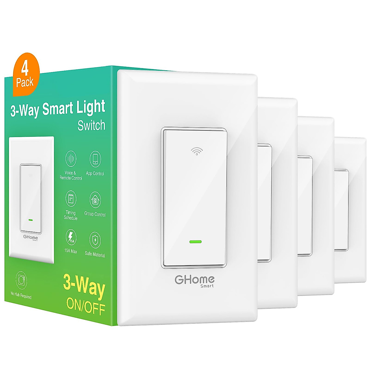GHome Smart Switch, 3 Way Wi-Fi Light Switch Compatible with Alexa and Google Home, 2.4GHz Schedule Timer, Neutral Wire Required, 3-Way Installation, FCC Listed (4-Pack),White