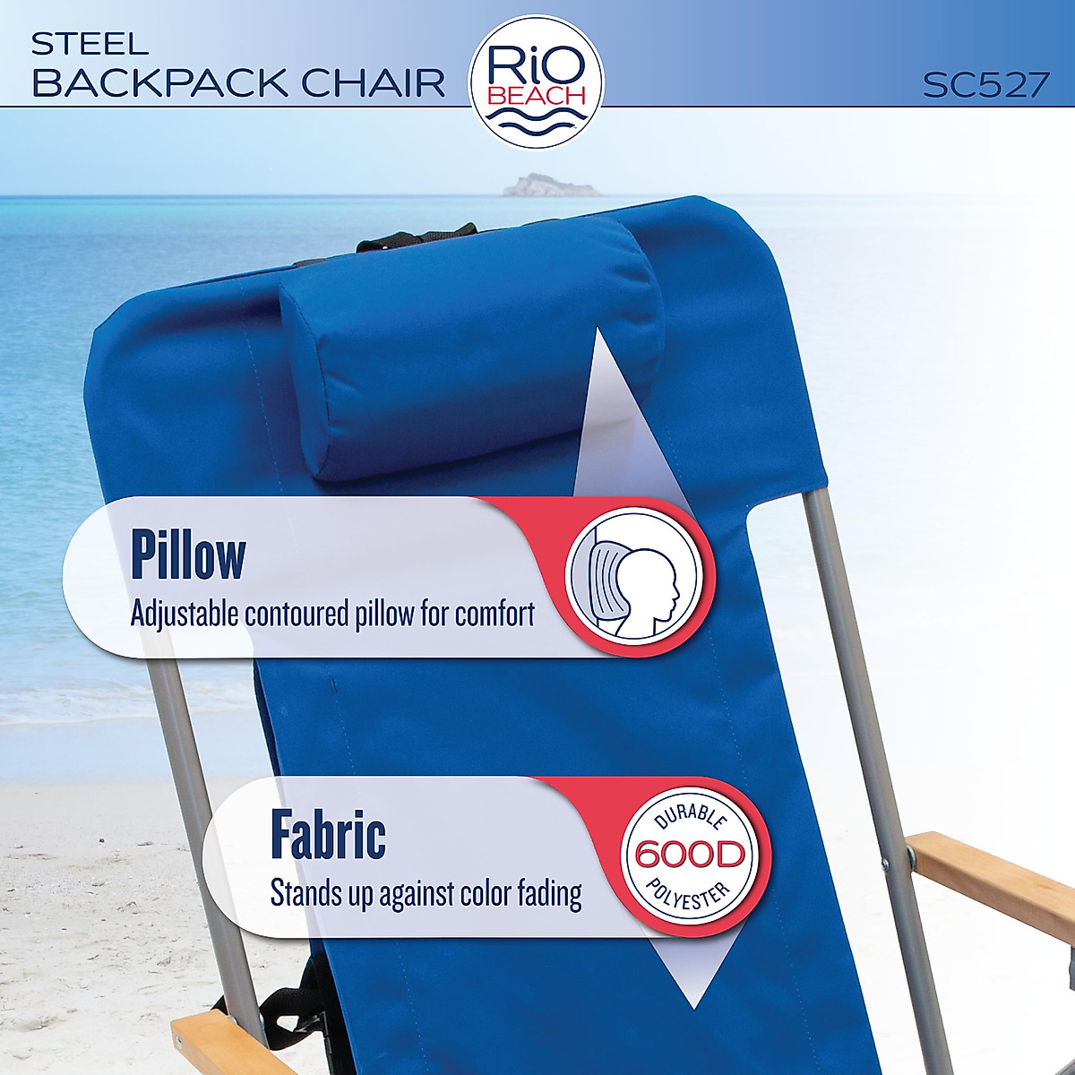 Rio Beach Original 4-Position Steel Backpack Chair with Pillow, Hands-Free Beach Chair Backpack for Adults, Navy