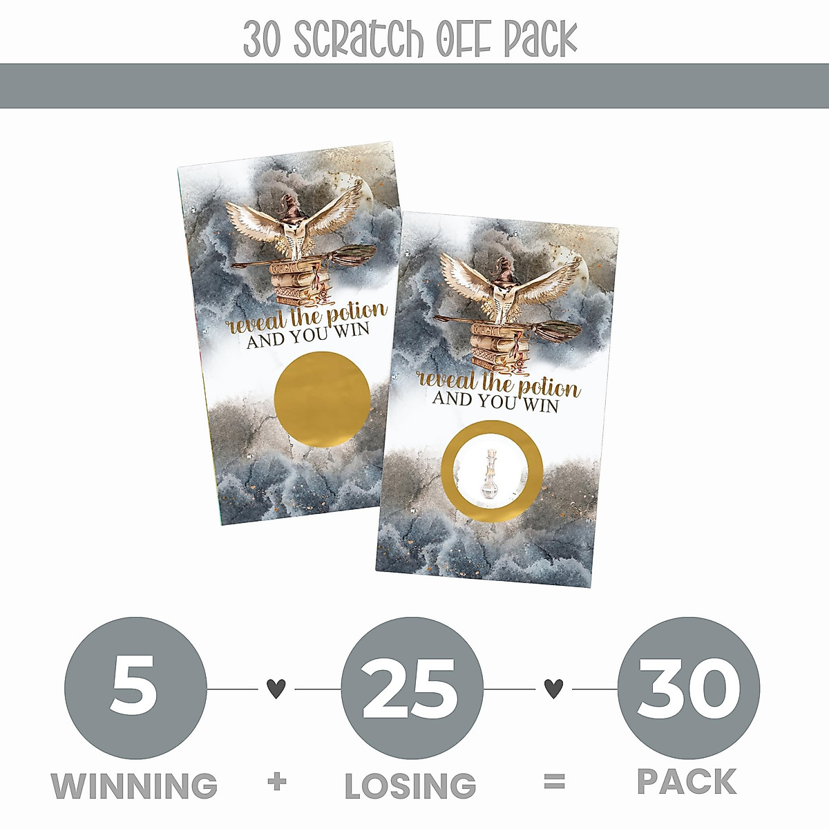 Magic Wizard Scratch Off Cards (30 Pack) - Owl Bridal Shower Games, Raffle Prize Drawings, Halloween Wedding Favors, Black and Gold Theme, Party Supplies, Prize Rewards, and Event Decorations