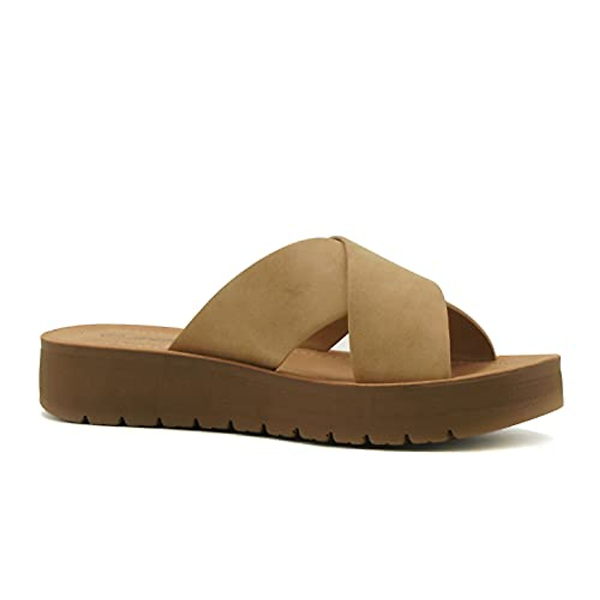 Soda LUCY ~ Women Open Toe Flatform Platform Crisscross Band Upper Fashion Slide Sandals (Camel, numeric_8_point_5)