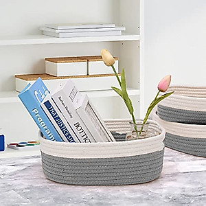 HLWDFLZ 7 Piece Cotton Rope Woven Basket Set - Woven Storage Basket Pets Toy Cotton Rope Basket for Organizing, Small Basket for Montessori, Dog Cat Toy Box, Baby Nursery (White/Gray)