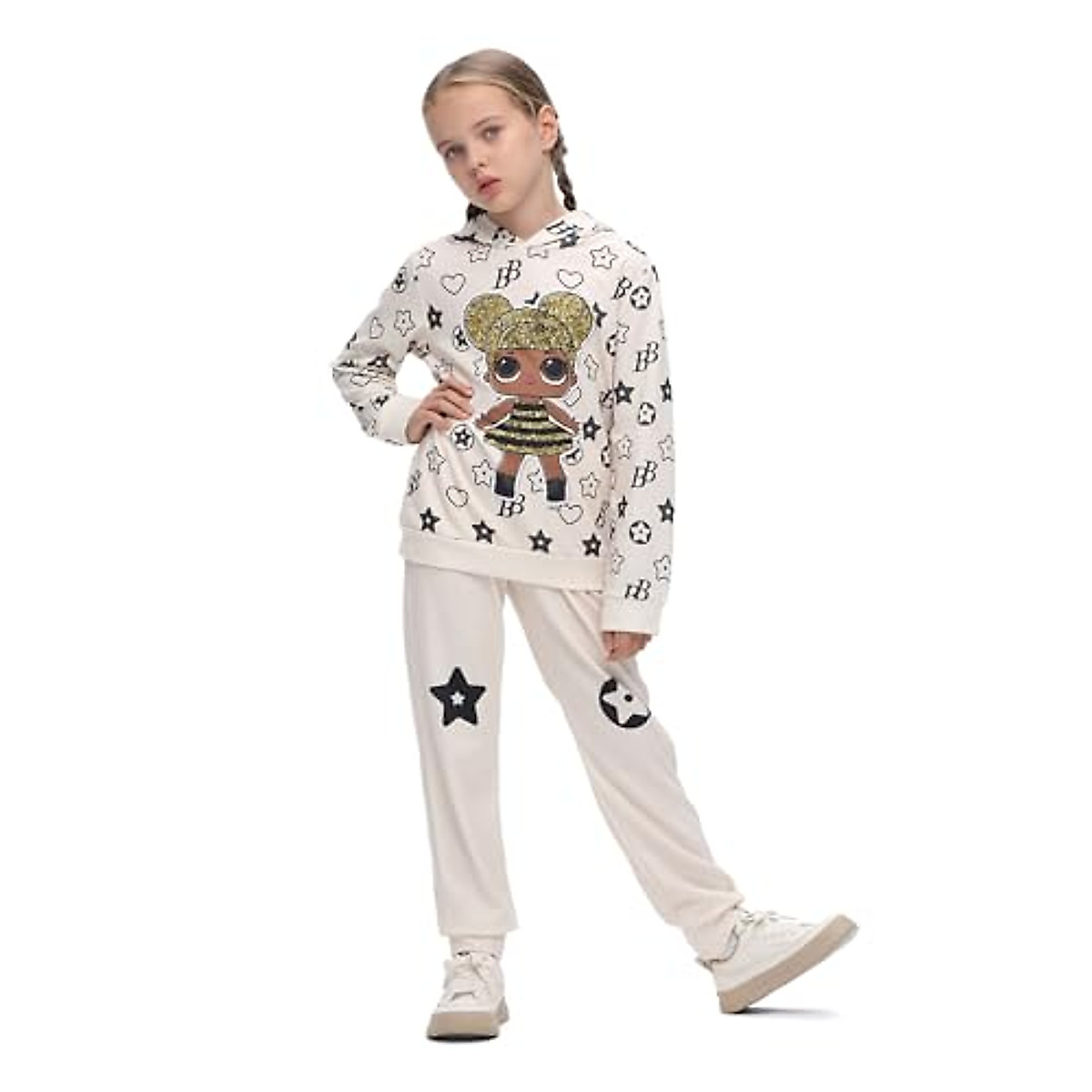 L.O.L. Surprise! Girls Clothes with Long Sleeve Stars Print Hoodie Sweatshirt and Pant Leggings 2 Piece Fall Outfits Apricot 8-9 Years
