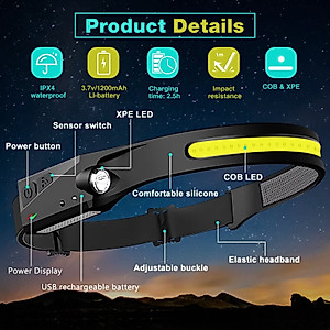 FBKK LED Headlamp Rechargeable, 230°Wide Beam Headlight with Motion Sensor, Waterproof Lightweight Head Lamp Flashlight for Camping, Hiking, Running, Outdoor for Adults and Kids
