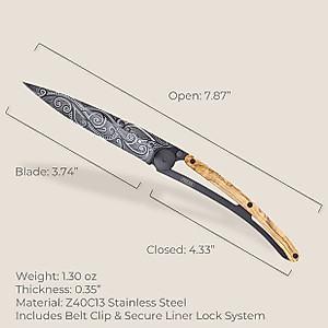 deejo - Serrated 1.3 OZ, Olive Wood, Black Titanium, Pacific - Ultra-Light Pocket Folding Knife with a Belt Clip - Stainless Steel Z40C13