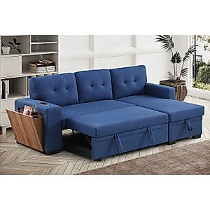 RENDGO 92 inch L-Shape Sectional Sleeper Sofa with Chaise Storage and Pull-Out Bed, Tufted Linen Backrest, Reversible 3-Seater for Living Spaces, Blue