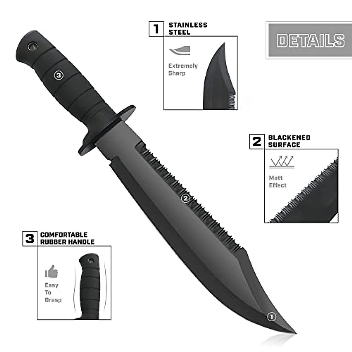 LANCERGEAR Survival Hunting Knife with Sheath, 15" Stainless Steel Fixed Blade, Black Rubber Non-slip Handle, Suitable for Camping, Hunting and Adventure, Cool Knife Gift for Men