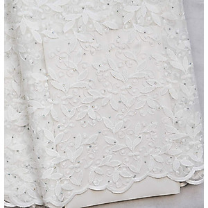SanVera17 Glitter Stone African Lace Net Milk Silk Fabrics Nigerian Fabric Embroidered and Guipure Cord Lace for Party Wedding (White) 5 Yards