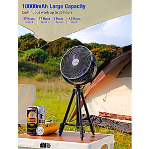 8" Portable Camping Fan, 10000mAh Rechargeable Tripod Fan with Tent Hook, 4 Speeds, 360° Rotation Battery Operated Fan for Outdoor Camping Tent Hurricane