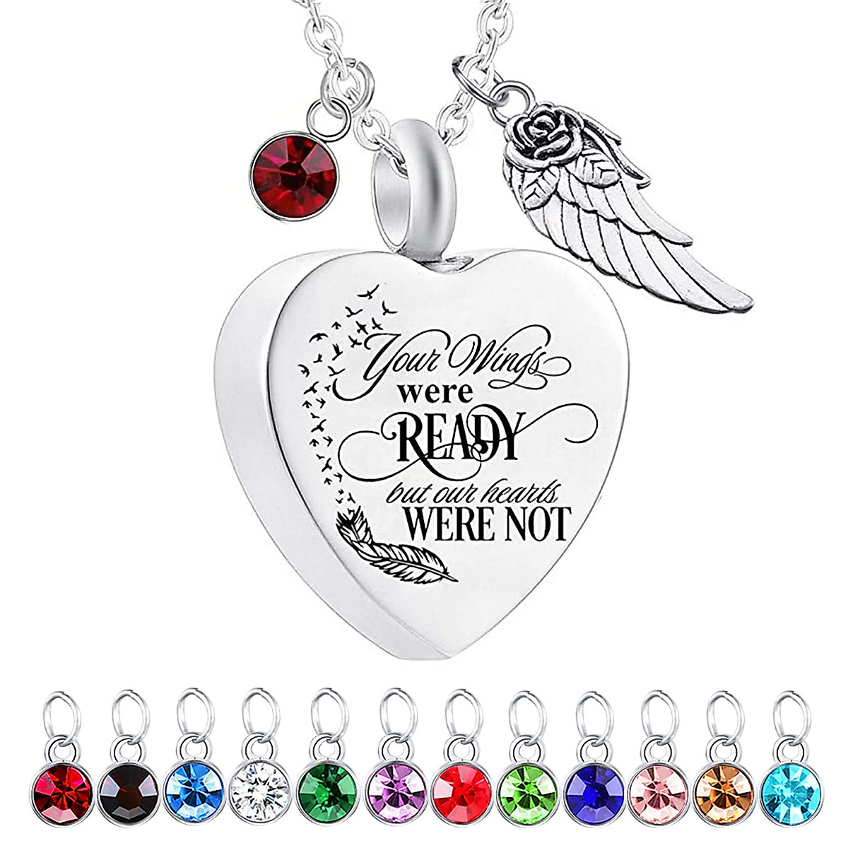 weikui God has You in his arms with Angel Wing Charm Cremation Ashes Jewelry Keepsake Memorial Urn Necklace with Birthstone Crystal (Little bird + Your +Angel Wing&12 Pcs Birthstone)