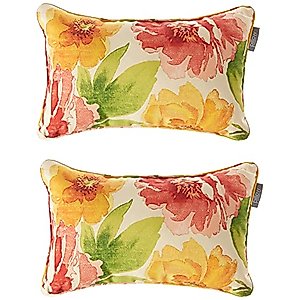 Pillow Perfect Bright Floral Indoor/Outdoor Accent Throw Pillow, Plush Fill, Weather, and Fade Resistant, Lumbar - 11.5" x 18.5" , Green/Orange Muree, 2 Count