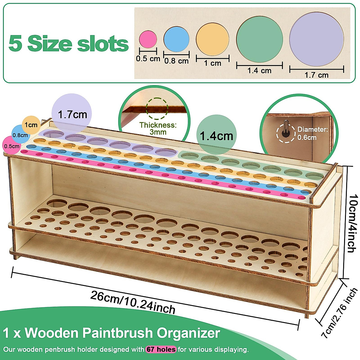 SBYURE Wooden Paint Brush Holder Artist Brush Holder 67 Hole Paintbrush Holder Organizer Wood Paint Brush Rack for Pens Pencils and Art Tools