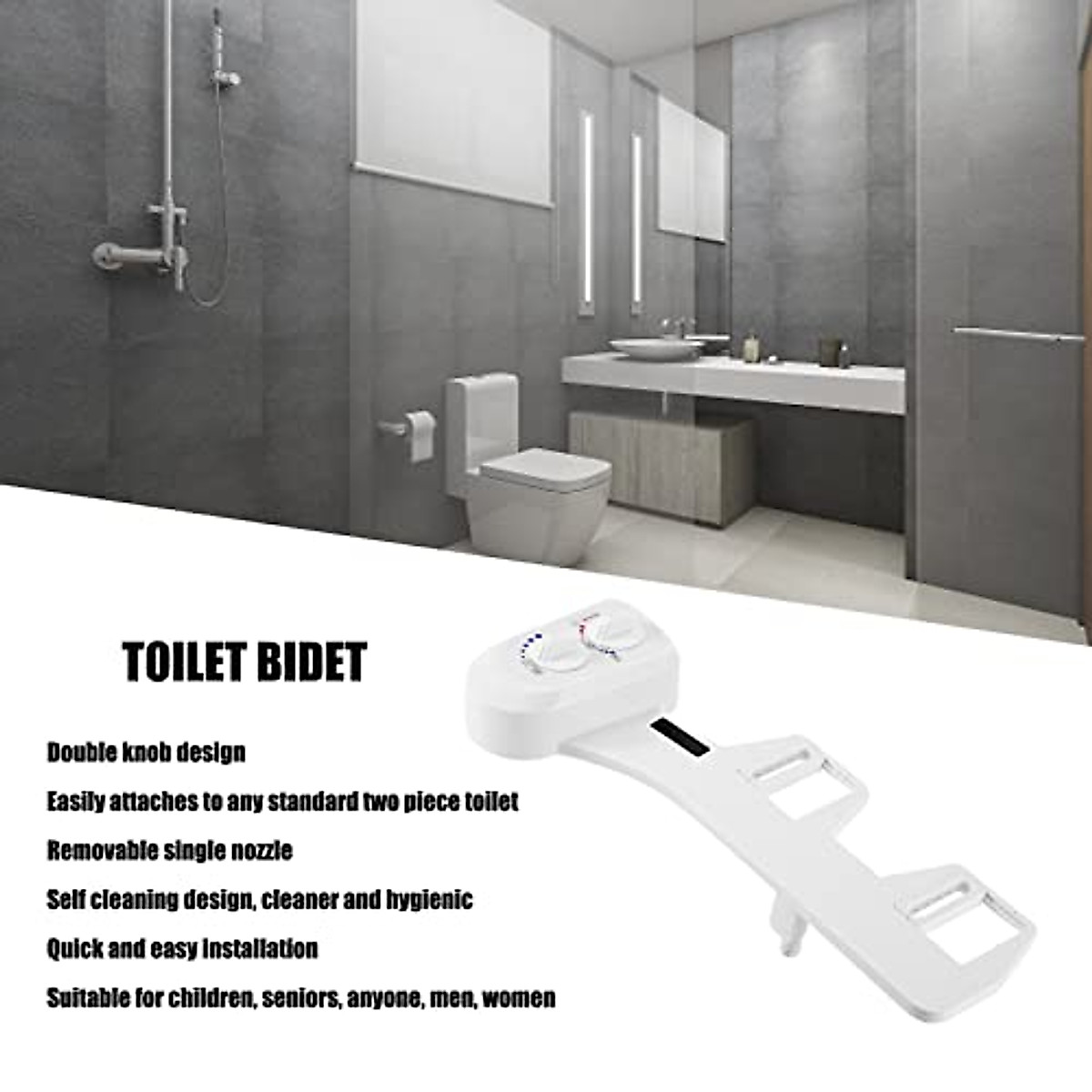 Absbidet Attachment for Toilet, Double Knob Toilet Bidet with Self Cleaning Function, Simple Installation ABS Attachment Single Nozzle Bidet for 2 Piece Toilet(G3/8)