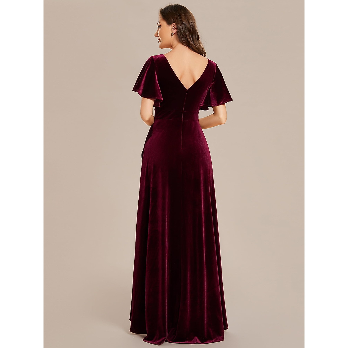 Ever-Pretty Women's Velvet Dress Wrap V Neck High Waist Ruffle Sleeve Church Wedding Guest Party Dresses Burgundy US14