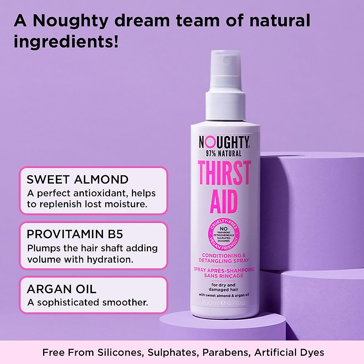 Noughty 97% Natural Thirst Aid Conditioning and Detangling Spray, Leave In Hair Detangler Treatment for Dry and Damaged Hair, with Sweet Almond Oil, Sulphate Free Vegan Haircare 200ml