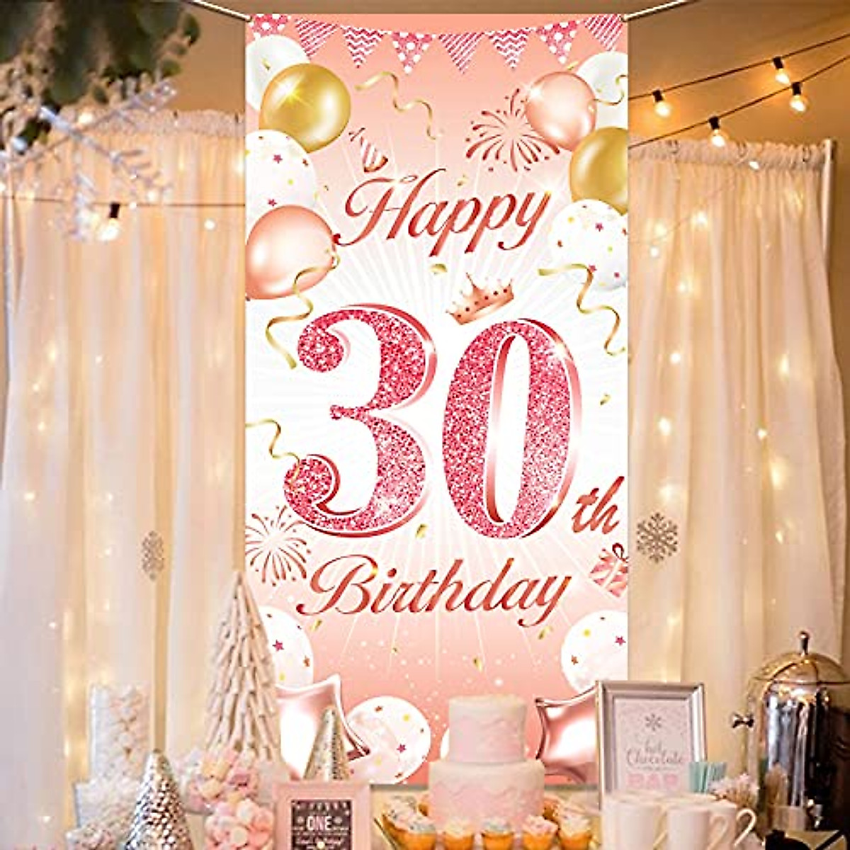 DPKOW Rose Gold 30th Birthday Party Decoration for Woman, Rose Gold 30th Birthday Banner for Backdrop Door Decoration,30th Birthday Background Banner for Garden Wall Decoration, 185 x 90cm Fabric