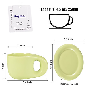 Koythin Ceramic Coffee Chubby Mug Saucer Set, Creative Cute Fat Handle Cup with Saucer for Office and Home, Dishwasher and Microwave Safe, 10 oz for Latte Tea Milk (Green)