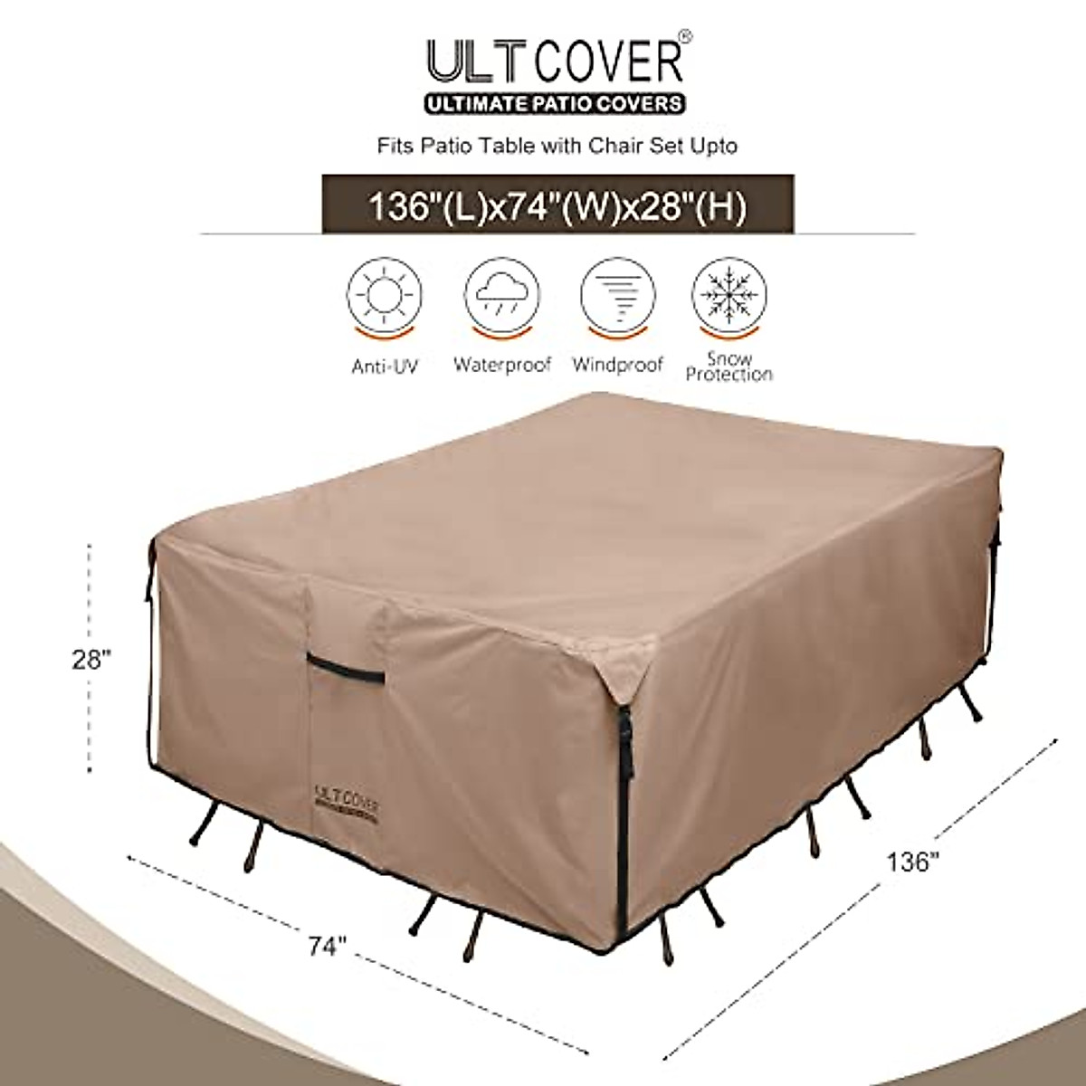 ULTCOVER Rectangular Patio Heavy Duty Table Cover - 600D Tough Canvas Waterproof Outdoor Dining Table and Chairs General Purpose Furniture Cover Size 136L x 74W x 28H inch