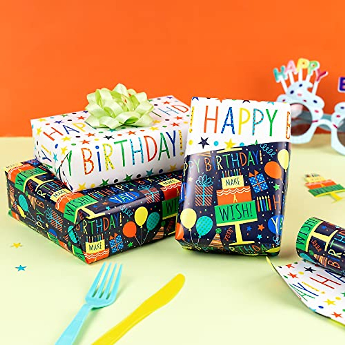 MAYPLUSS Reversible Wrapping Paper Roll - Mini Roll - 17 Inch X 32.8 Feet - Birthday Design (47.3 sq.ft.ttl)