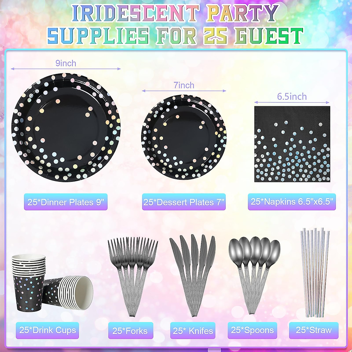 Black and Iridescent Silver Dot Party Decorations Serve 25, Black Holographic Paper Plates and Napkins, Disposable Party Plates Cups Napkins for Fathers Day Retirement Birthday Graduation Prom Party