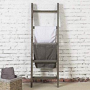 MyGift Large Vintage Gray Wood Ladder Blanket Ladder, Farmhouse Style Wall Leaning Towel Rack with 5 Rungs