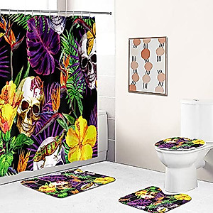 StarBlue-HGS Tropical Flower Plantain Leaves Waterproof Shower Curtain Set Skull Lizard Jungle Bathroom Bathtub Mat Toilet Cover Mat Set