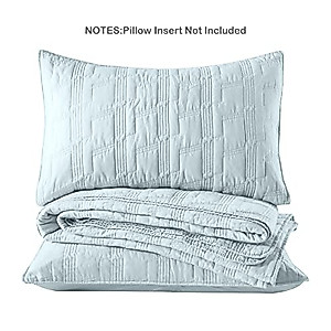 100% Cotton Quilt Set Queen Size, Baby Blue Pre-Washed 3-Piece Bedspread Coverlet Set, Cozy Lightweight Stitching Decorative Bedding Cover with 2 Shams in Geometric Pattern Rustic Style for All Season