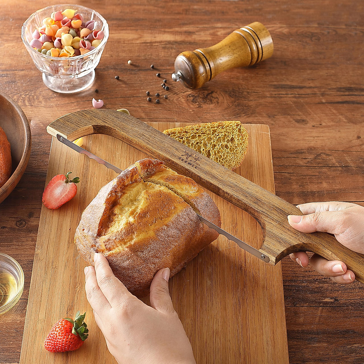 XZZWLL Bread Knife for Homemade Bread, 16.7" Wooden Serrated Sourdough Bread Knife, Stainless Steel Pointed Tips Blade and Bread Bow Knife Design, Bread Slicer for Homemade Bread
