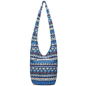 Women Shoulder Handbags Fashion canvas Hippie Crossbody Bags Bohemian Animal Prints Hobo Bags (Blue-white)