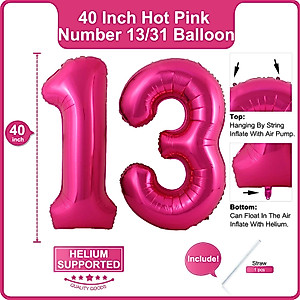 Lovoir 40 Inch Hot Pink 31 Number Balloon 13 Large Size Jumbo Digit Mylar Foil Helium Hot Pink Balloons for 13th 31st Birthday Party Celebration Decorations Graduations Anniversary Supplies