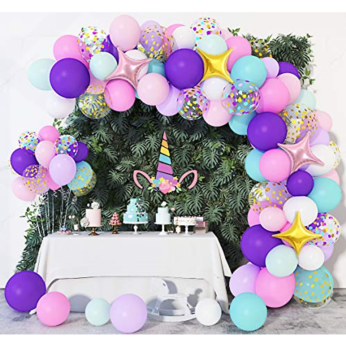Amandir 138pcs Unicorn Balloons Arch Garland Kit, Unicorn Birthday Party Decorations for Girls Confetti Light Purple Aqua Blue Pink Balloons Set Wedding Baby Shower Party Supplies