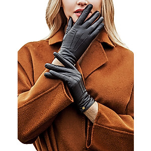 YISEVEN Women's Wool Lined Winter Genuine Leather Gloves Touchscreen Three Points Driving Elegant Dress Sheepskin Warm Fur Lining for Cold Weather Accessories New Year Gifts, Black Medium/7.0"