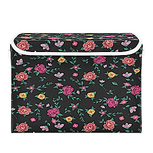 Kigai Vintage Colorful Roses Flower Storage Basket with Lid Collapsible Storage Bin Fabric Box Closet Organizer for Home Bedroom Office 1 Pack