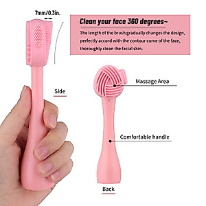 Silicone Facial Cleansing Brush 3 Designs, Beomeen 4 in 1 Handheld Face Scrubber for Deep Gentle Exfoliating, Double-Ended Face Wash Scrub Brush for Face Skincare and Massage (Pink)