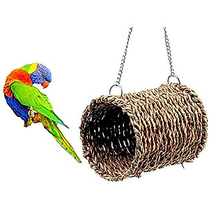 Woven Straw Bird tunnel - Seagrass Bird Tent Snuggle Toy Natural Hanging Hammock Swing Nest for Parrot Cockatiel Parakeet African Grey Cockatoo Macaw Amazon Lovebird Finch Hamster (4.72"x3.94"x10.2")