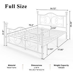LoVinson Full Size Bed Frame，Metal Platform Bed Frame with Headboard, Butterfly Pattern Design Headboard & Footboard, Strong Metal Slat Support, Easy Assemble, No Box Spring Needed, Noise Free, White