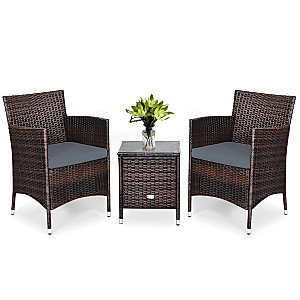 Toolsempire 3 Pieces Patio Conversation Set, Outdoor Wicker Furniture Set with Water-Resistant Cushion & Tempered Glass Tabletop, Patio Porch Furniture Set Bistro Set for Balcony, Poolside (Gray)